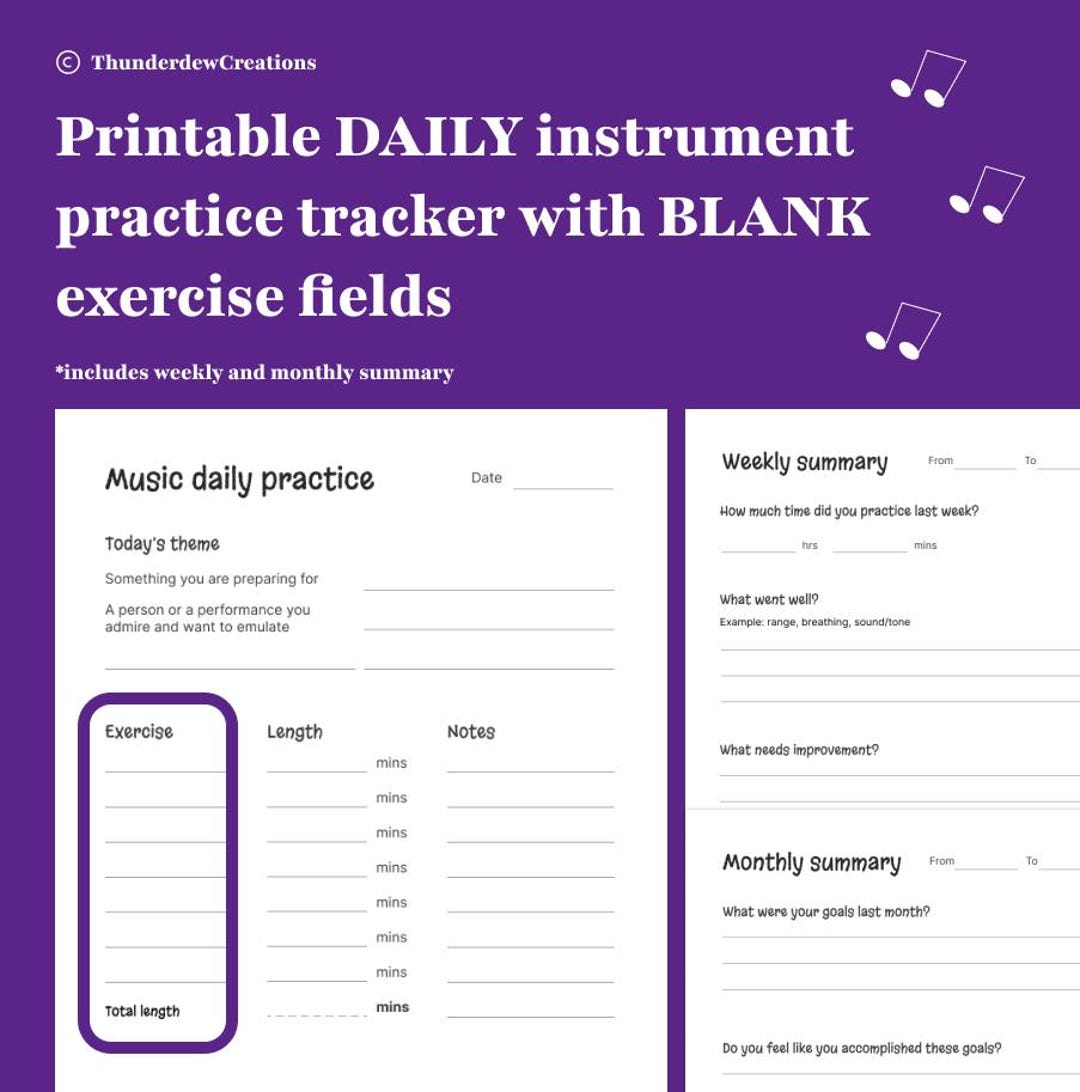 Printable DAILY Instrument Practice Tracker, Weekly and Monthly Summary ...