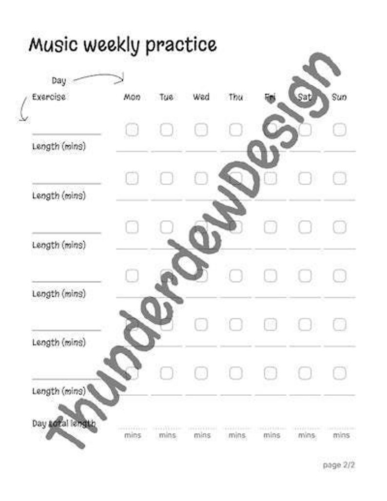 Music Weekly Practice Tracking Sheet Blank Exercise Fields Bonus Page ...