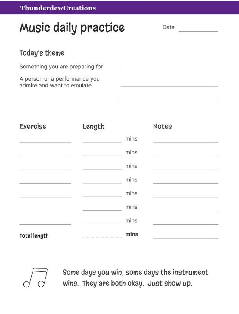 Printable DAILY Instrument Practice Tracker, Weekly and Monthly Summary ...