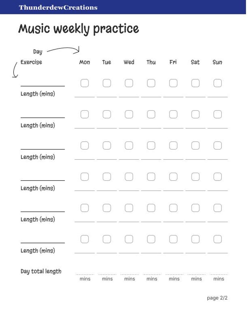 Printable WEEKLY Instrument Practice Tracking Sheet - BLANK Exercise ...