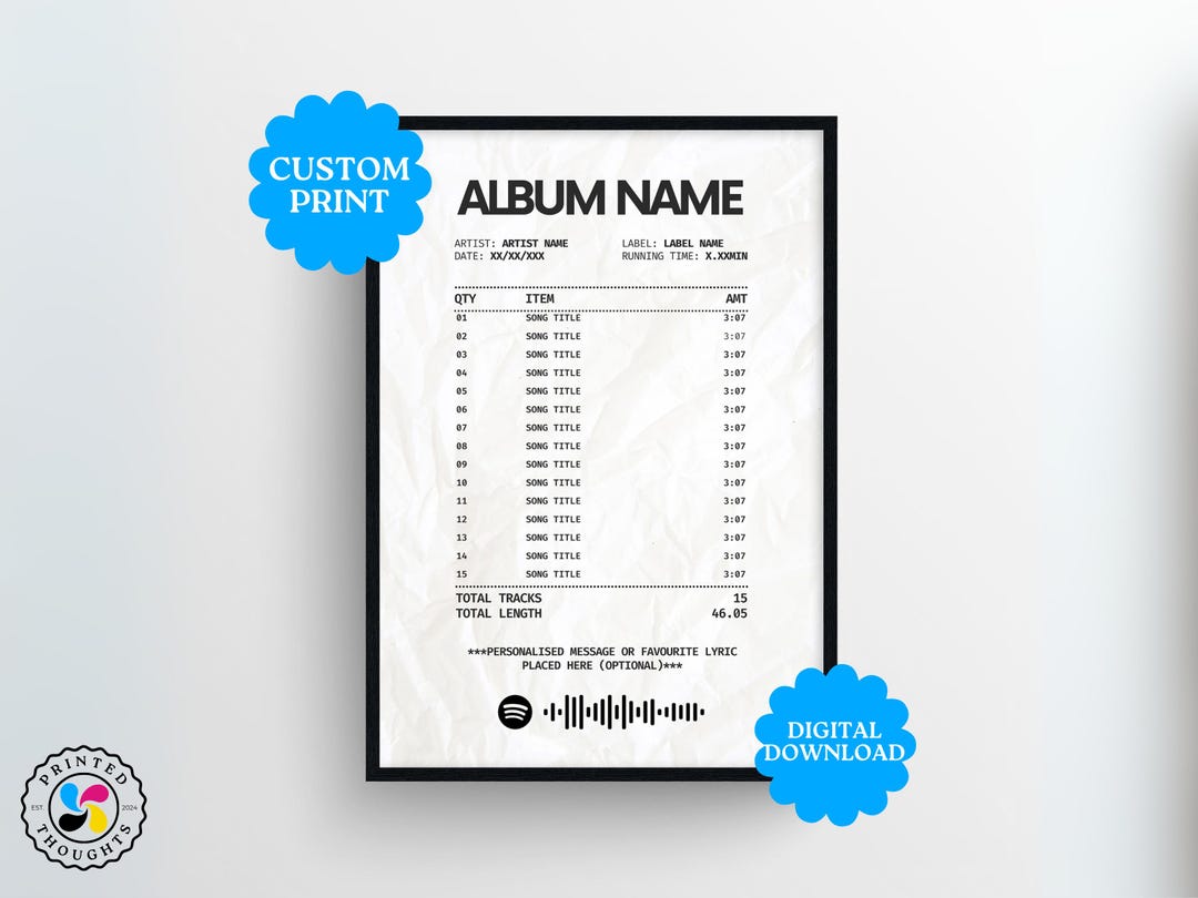Personalised Receipt Music Poster Custom Song Lyric Album Artist Print ...