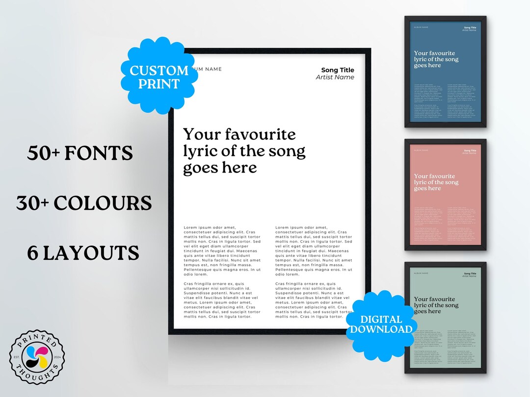Custom Lyric Song Poster | Personalised Quote Print | Music Lover Gift ...