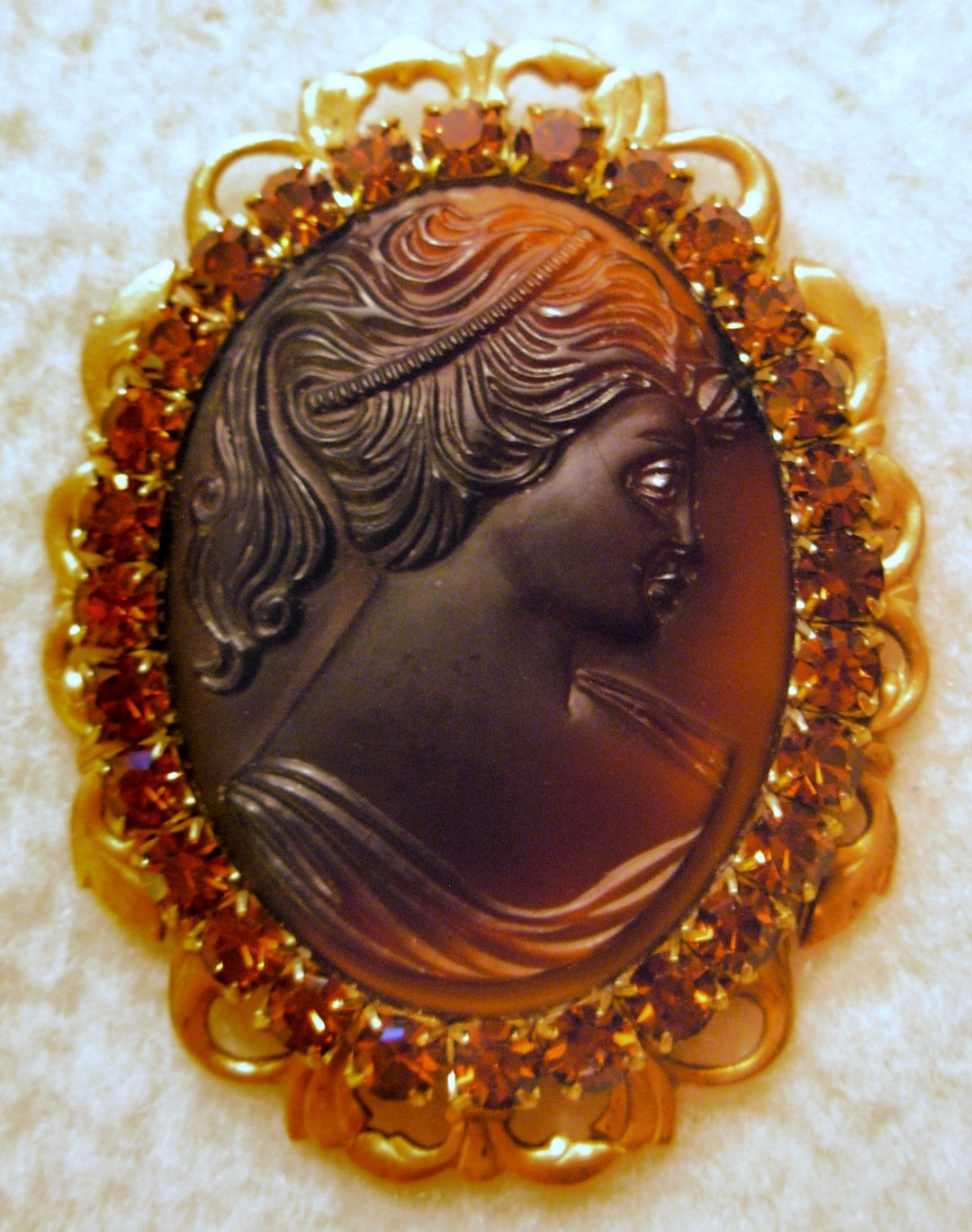Fancy Young Lady Profile Slag Glass Cameo Rootbeer Brown Solid Brass ...