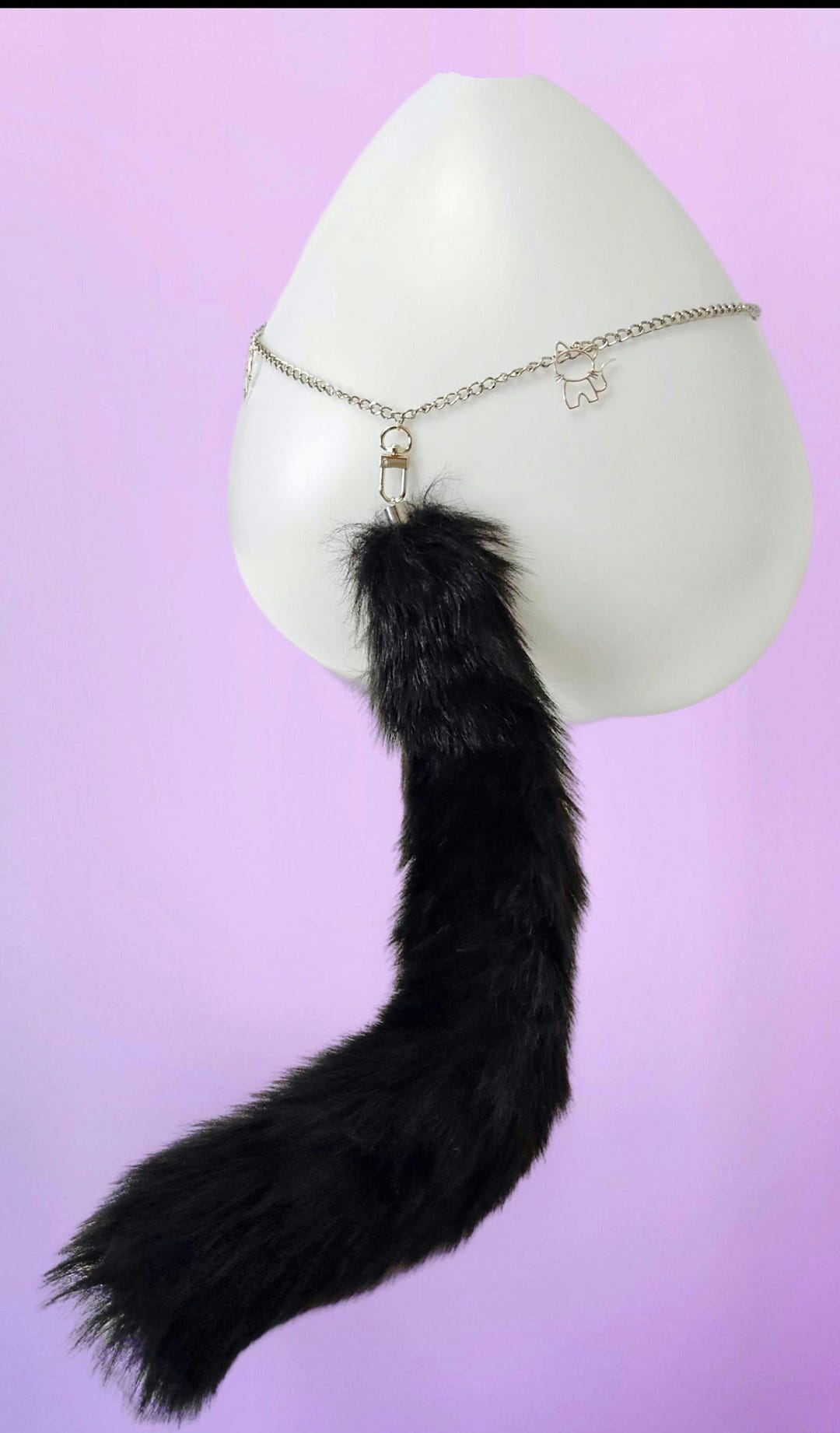 Metal Chain Belt Clip on Cat Tail Adorable Kitten Charms Black Faux Fur ...