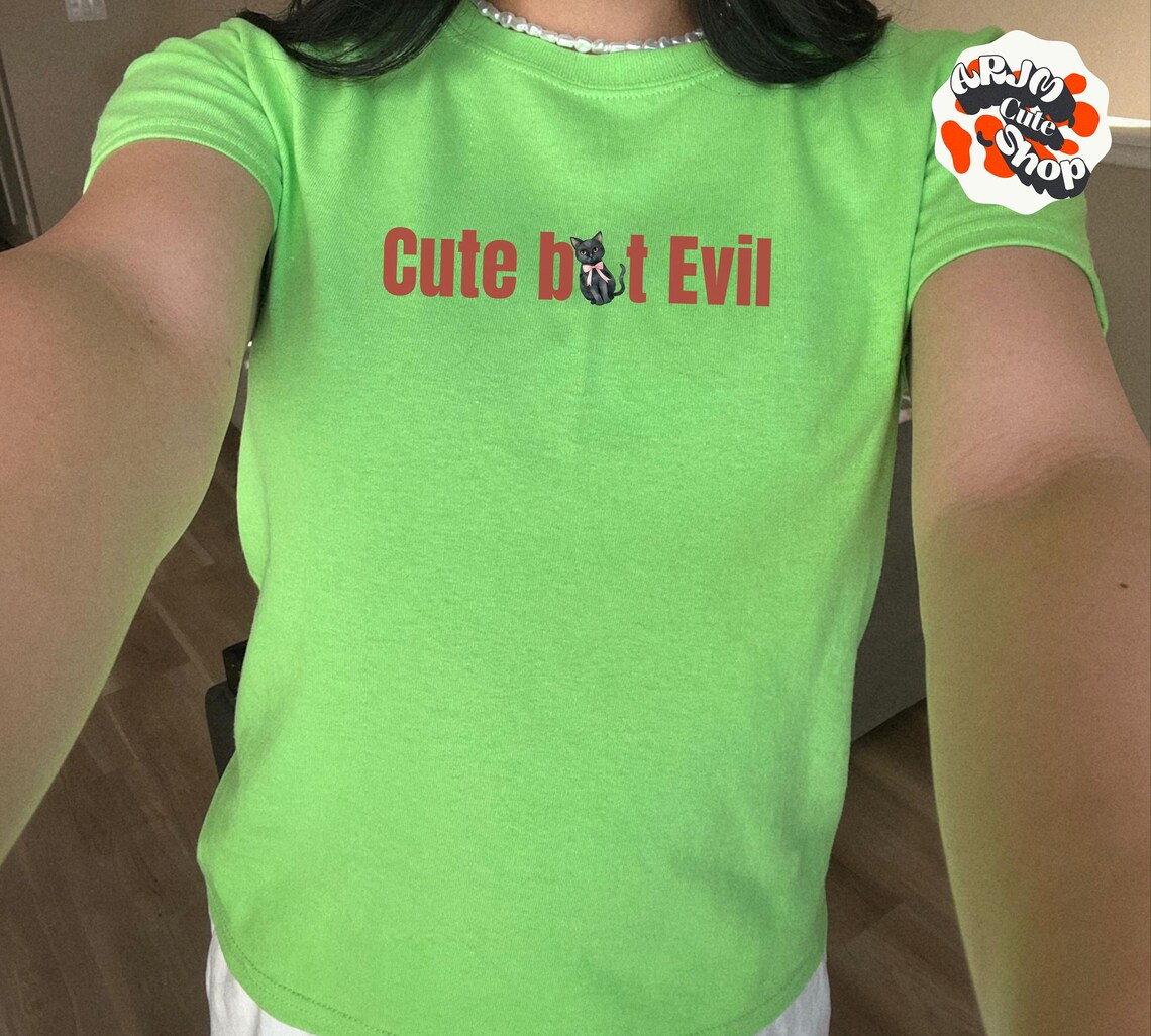 Cute but Evil Cat Y2k Baby Tee, Trendy Cat Loving Teen Shirt, Gift for ...