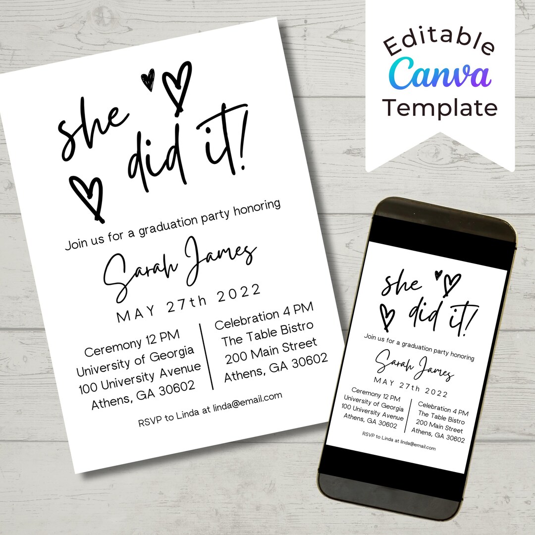 Editable Graduation Invitation Template, She Did It Graduation ...