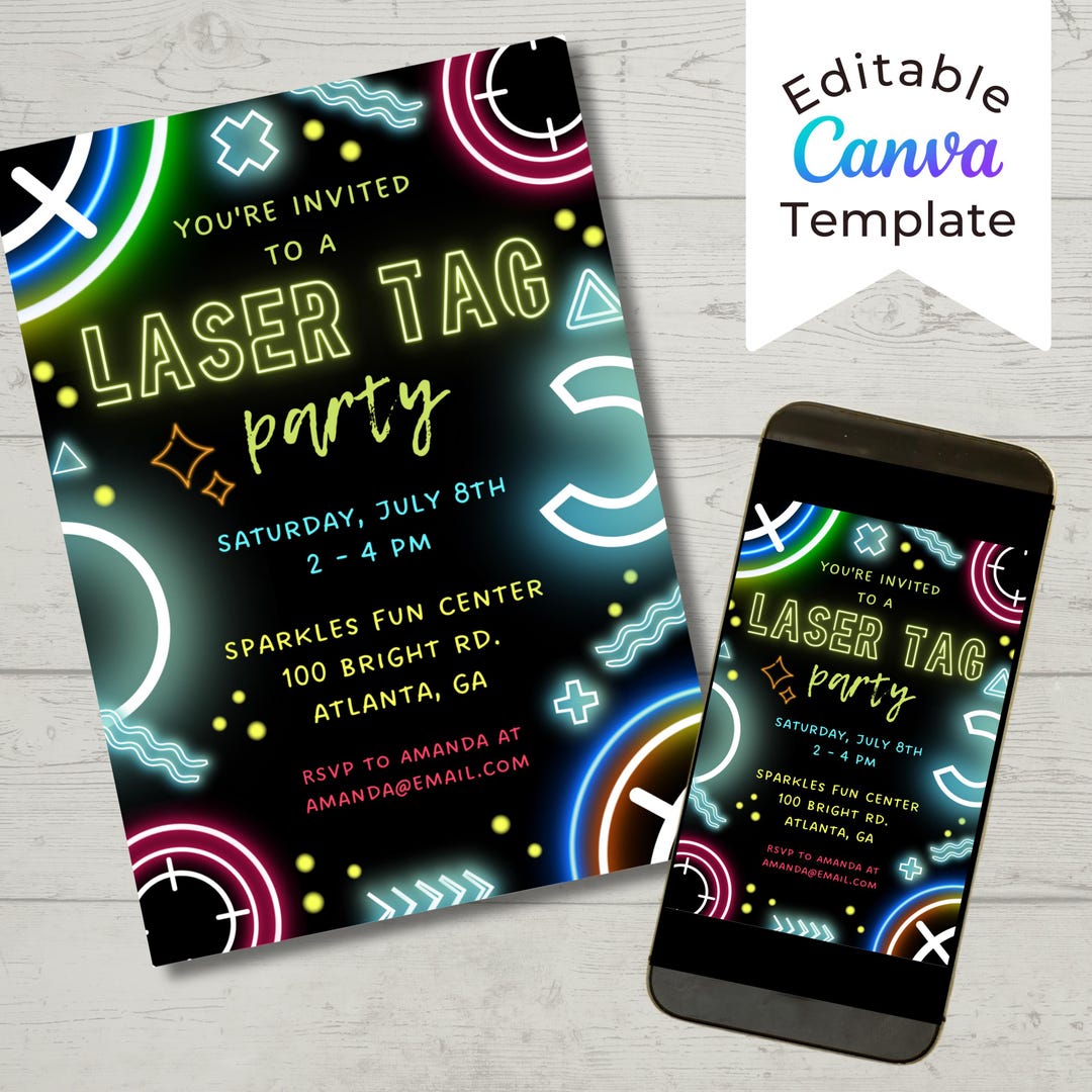 Editable Laser Tag Birthday Party Invitation Template, Neon Laser ...