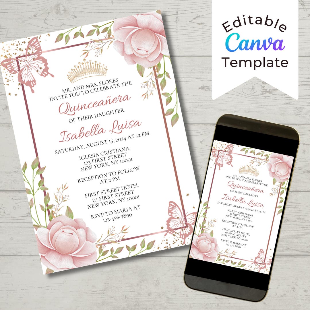 Editable Quinceanera Invitation Template, Pink and Rose Gold ...