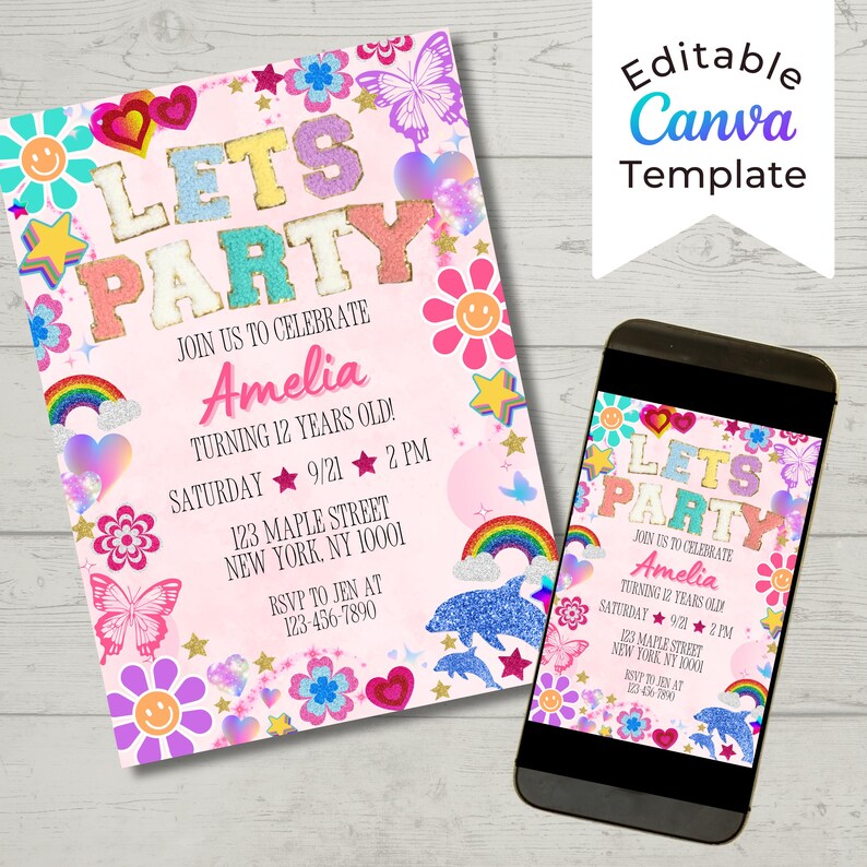 Editable Patch Letter Birthday Party Invitation, Girls Birthday ...