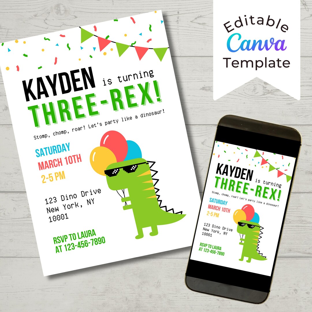 Editable Three Rex Third Birthday Party Invitation Template, Dinosaur ...