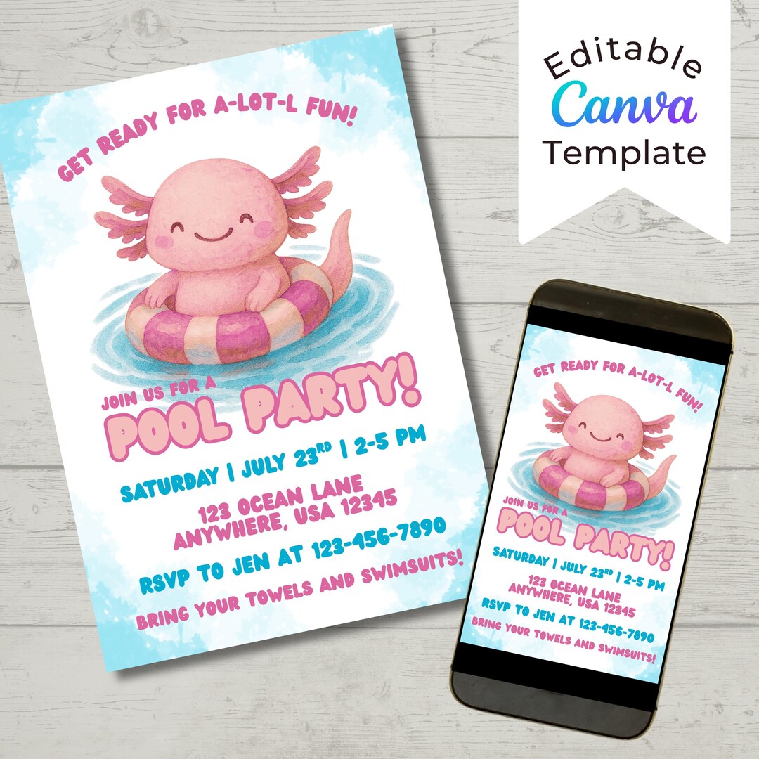 Axolotl Pool Party Invitation Template, Editable Canva Summer Birthday ...