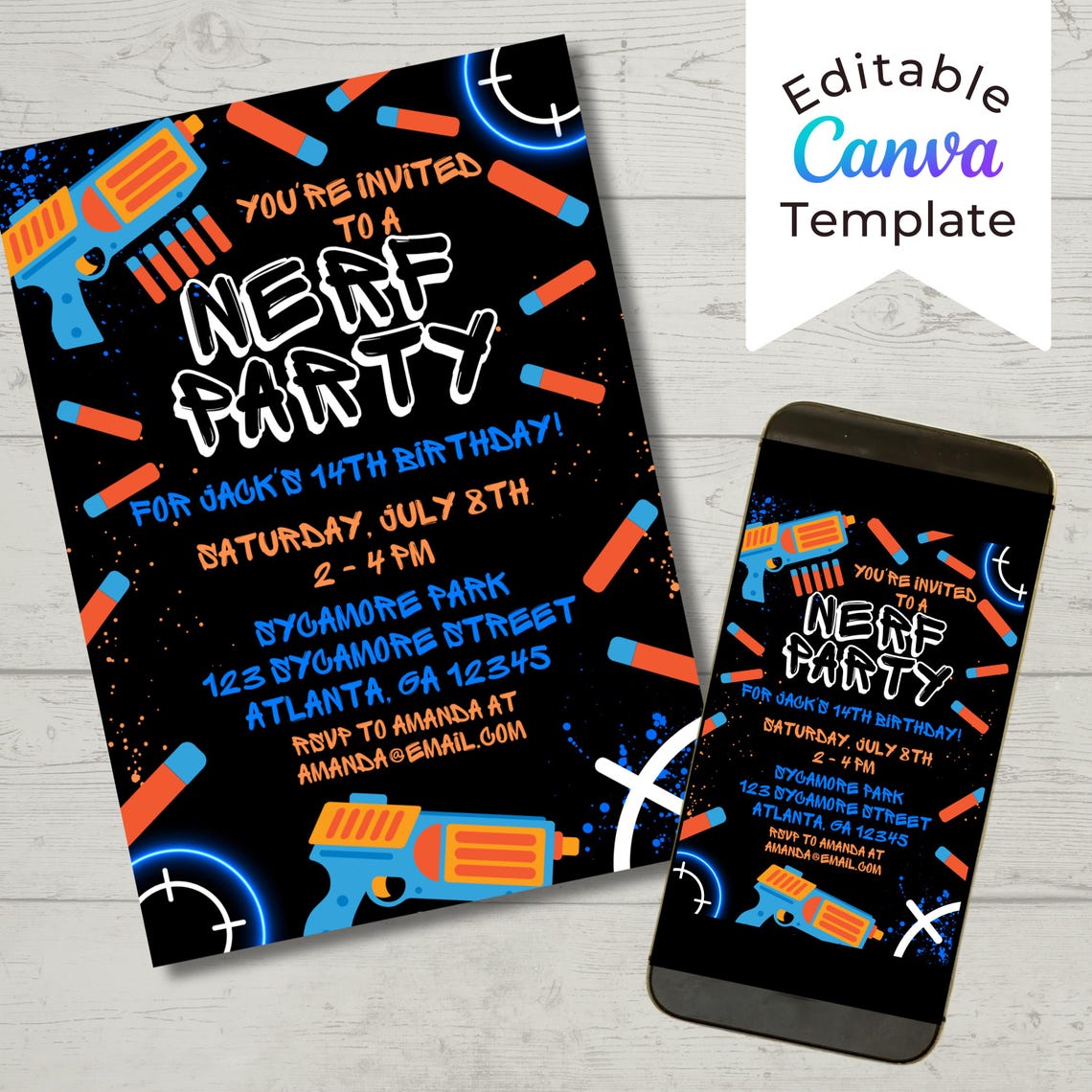 Editable Nerf Birthday Party Invitation Template, Nerf Invites, Nerf ...