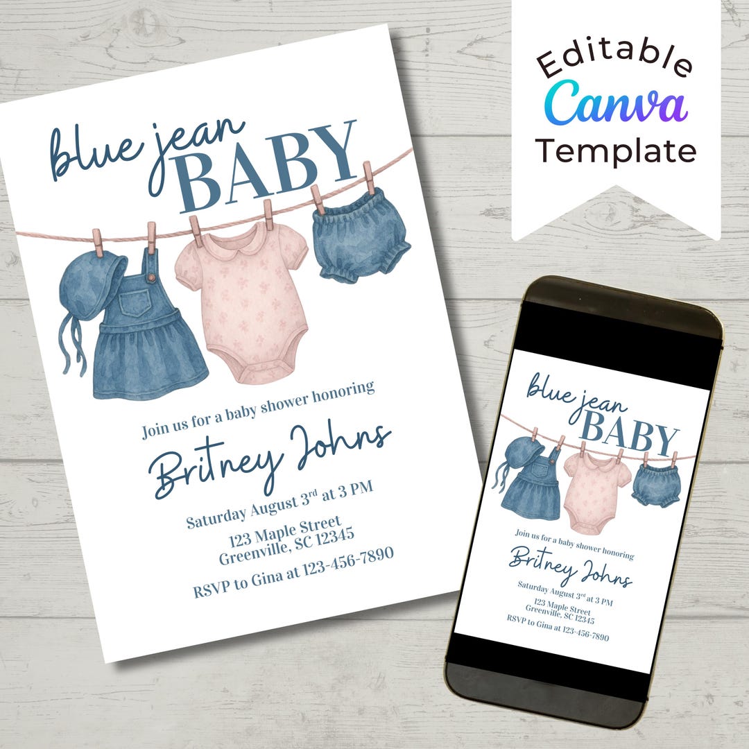 Blue Jean Baby Shower Invitation Template, Editable Canva Invite, Denim ...