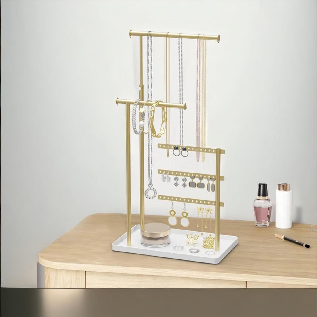 Adjustable Gold Jewelry Organizer Stand – 17.5" Tall Necklace Holder ...