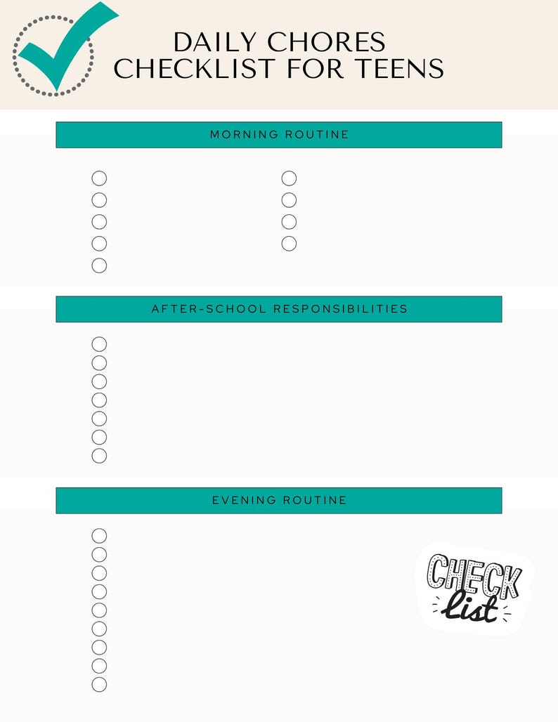 Daily Chore Checklist for Teens. Help Your Teen Stay on Track and Teach ...