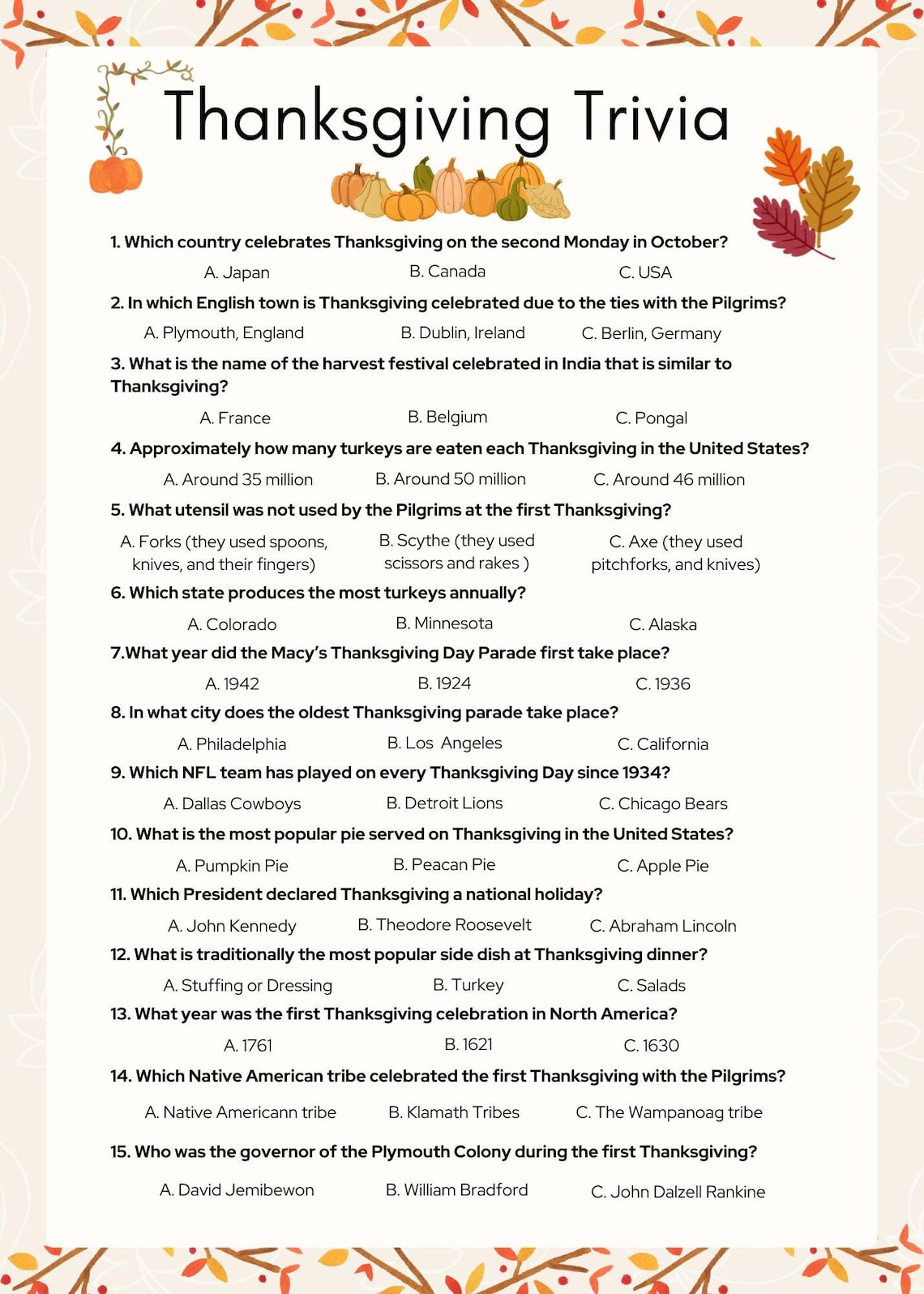 Thanksgiving Trivia Printable for Adults and Kids - Etsy