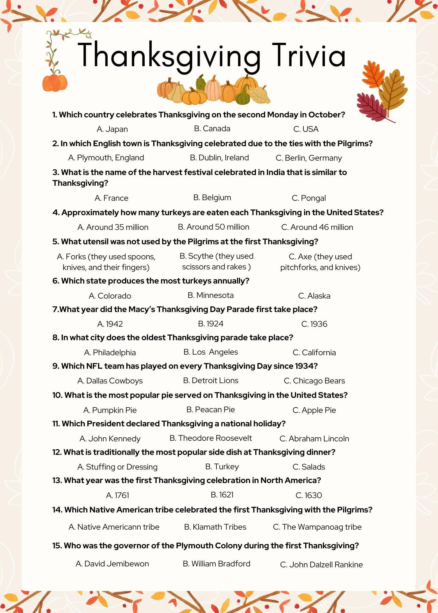 Thanksgiving Trivia Printable for Adults and Kids - Etsy