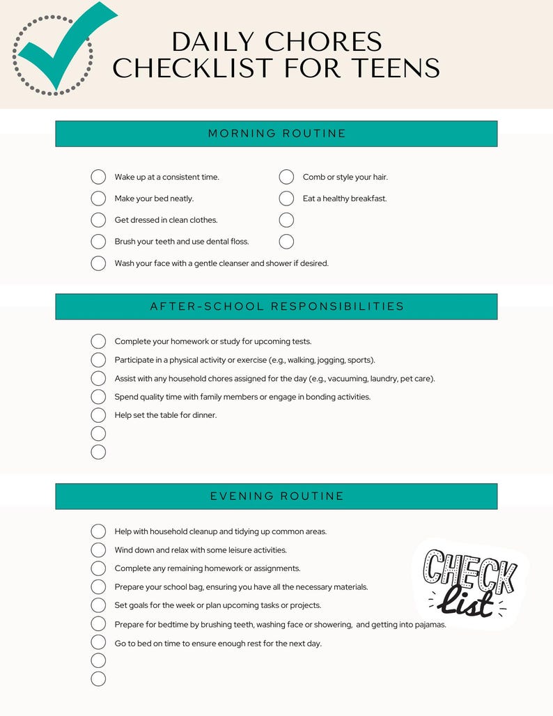 Daily Chore Checklist for Teens. Help Your Teen Stay on Track and Teach ...