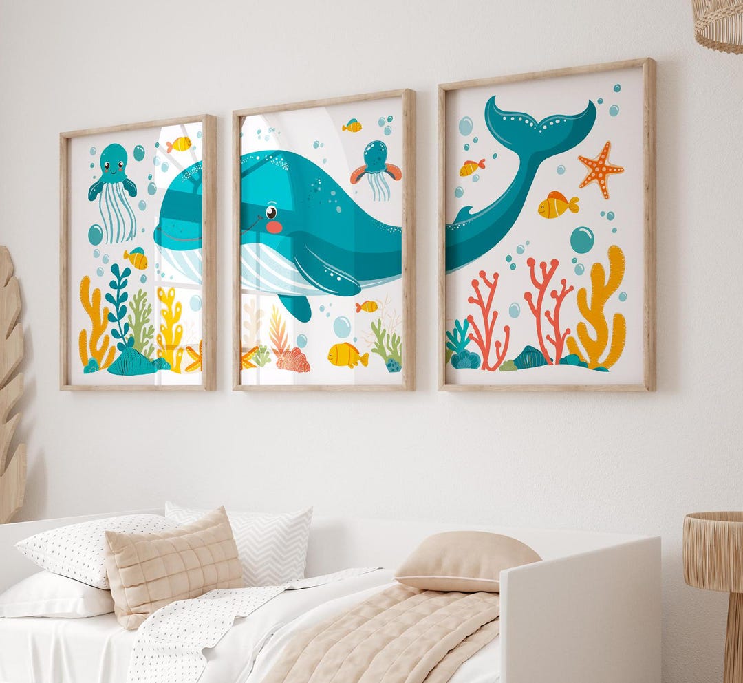 Set of 3 Boho Nursery Sea Life, Blue & Grey Nursery Ocean Prints,ocean ...