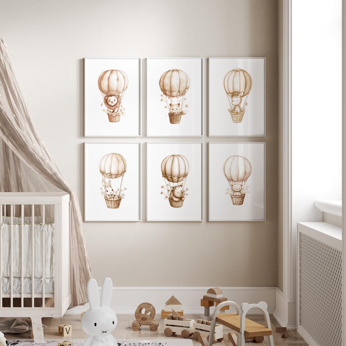 Set of 6 Hot Air Balloon Safari Animal Nursery Decor, Nursery Wall Art ...