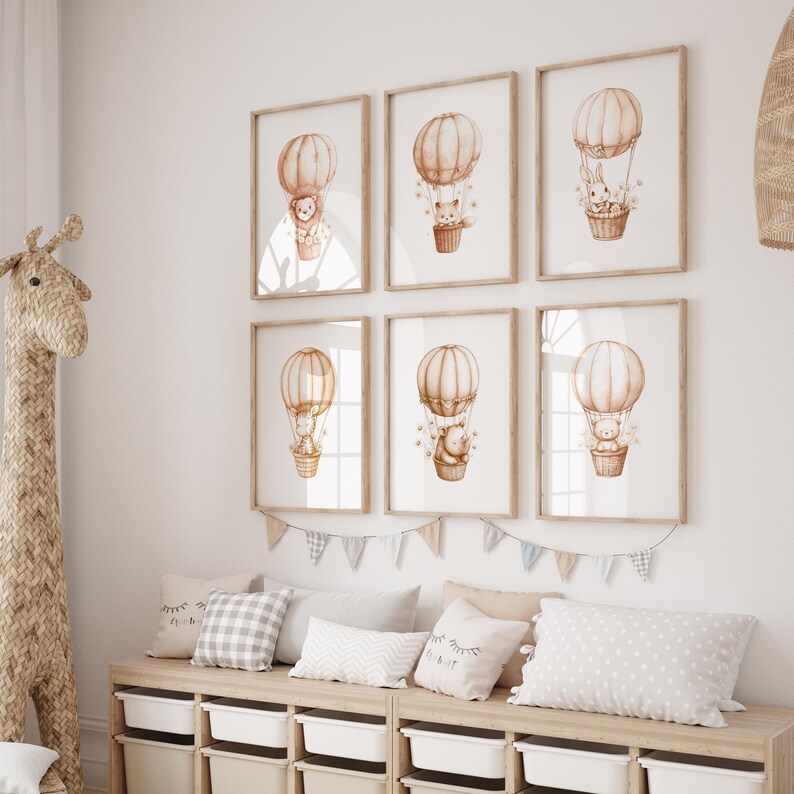 Set of 6 Hot Air Balloon Safari Animal Nursery Decor, Nursery Wall Art ...