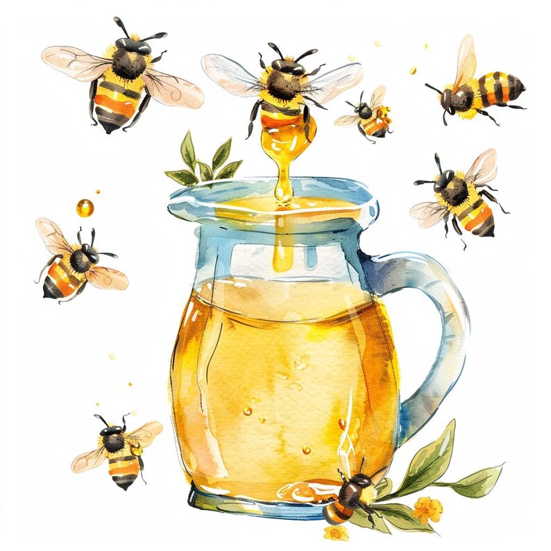 16 Bees and Honey Clipart, Watercolor Honey Jar Clip Art, Printable ...
