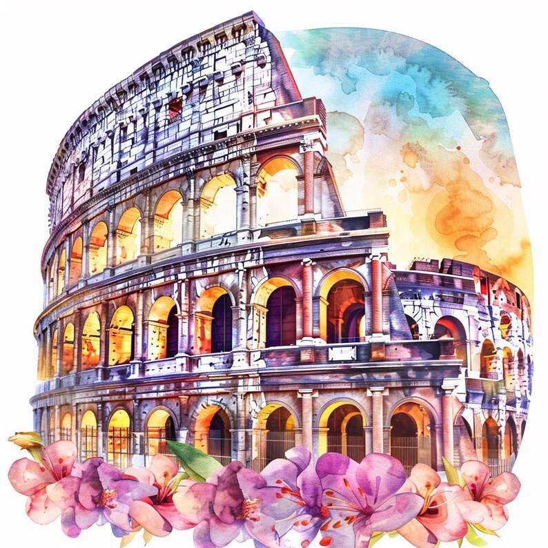 12 Colorful Colosseum Clipart, Watercolor Rome Italy Clip Art ...