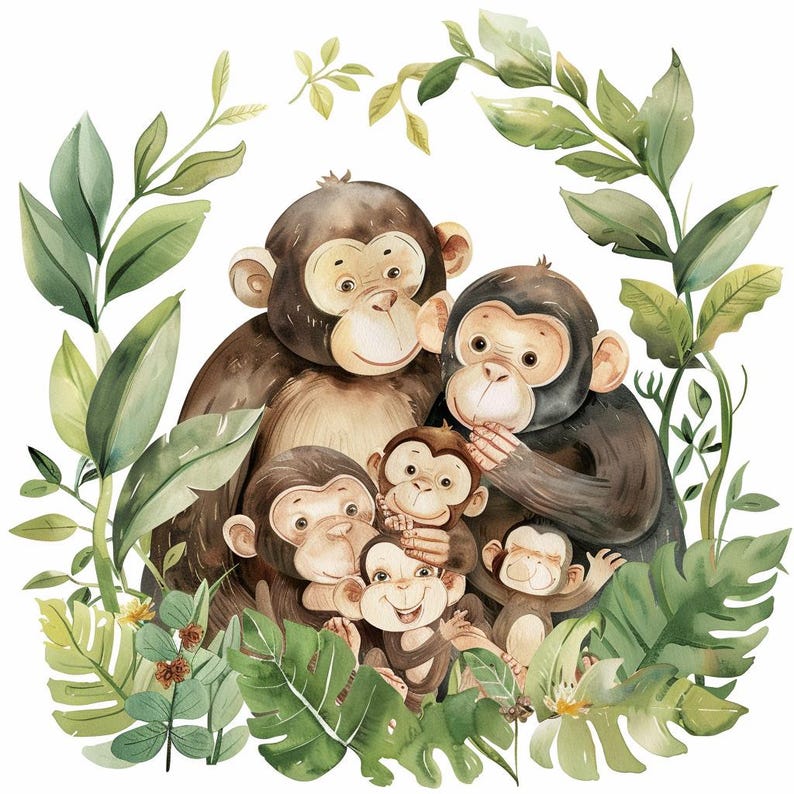 14 Monkey Family Clipart, Watercolor Jungle Clip Art, Printable High ...