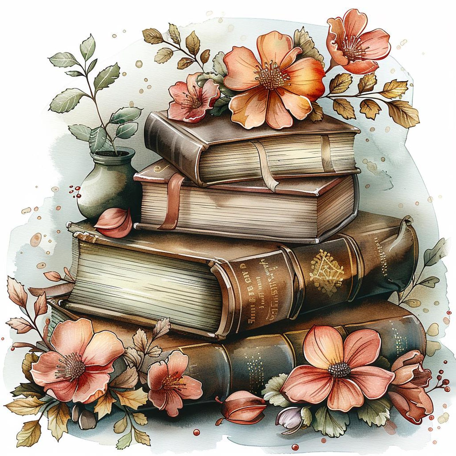 15 Floral Books Clipart, Watercolor Vintage Books Clip Art, Printable ...