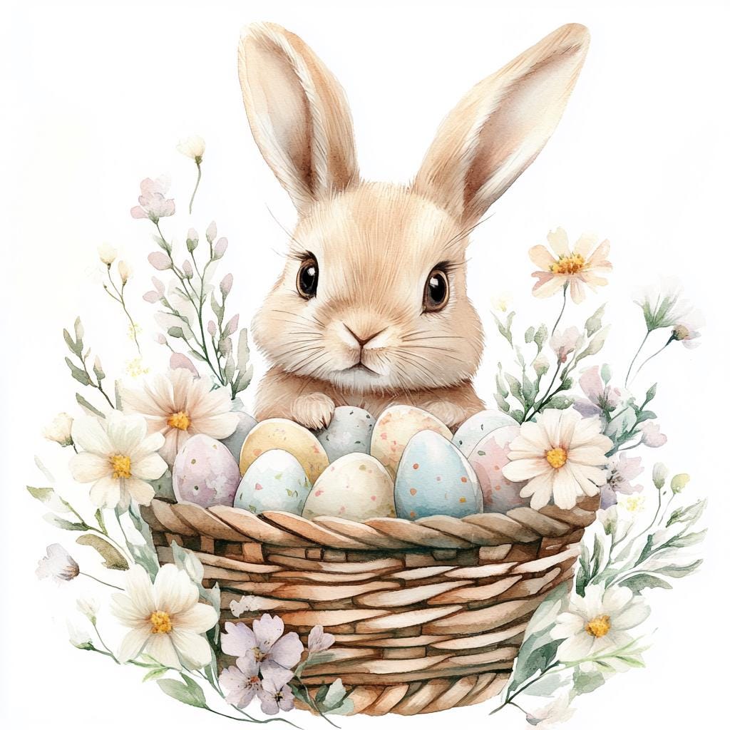 16 Bunny in Easter Basket Clipart, Watercolor Easter Egg Clip Art ...