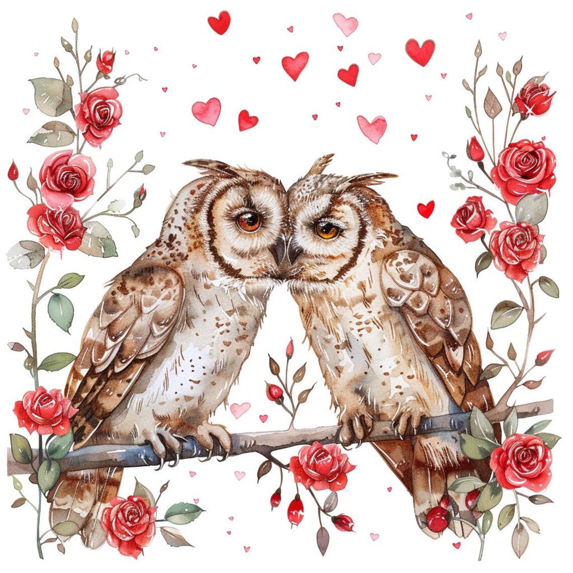 16 Owls in Love Clipart, Watercolor Bird Rose Clip Art, Printable High ...