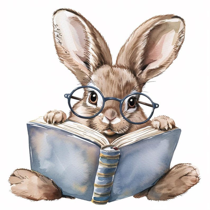 12 Bunny Reading Clipart, Watercolor Book Clip Art, Printable High ...