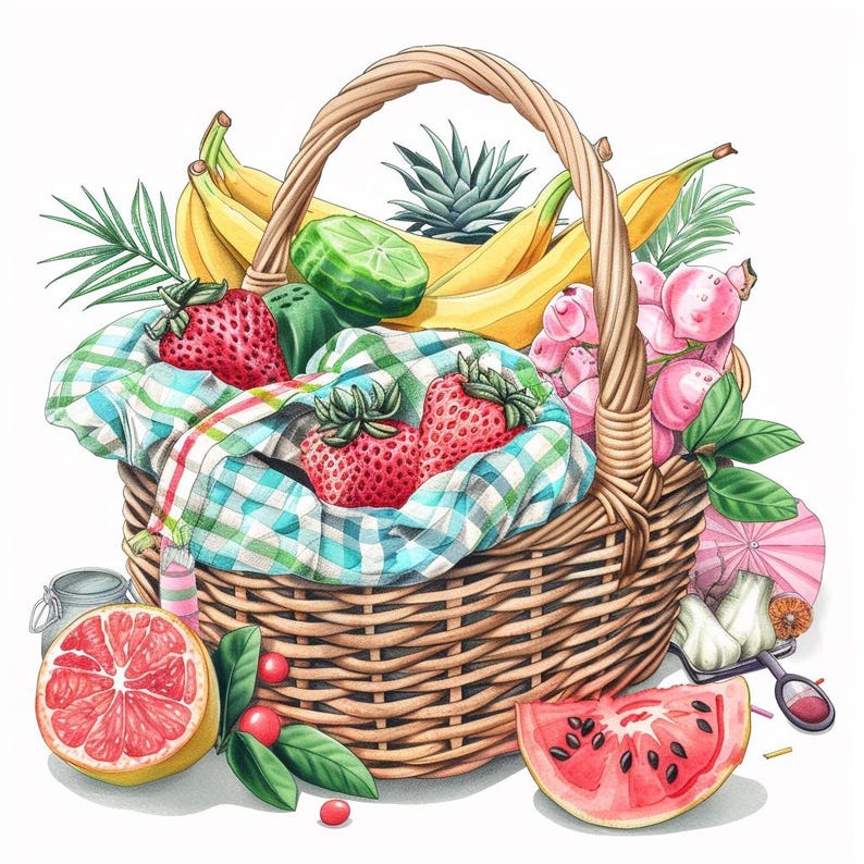 16 Picnic Basket Clipart, Watercolor Summer Picnic Clip Art, Printable ...