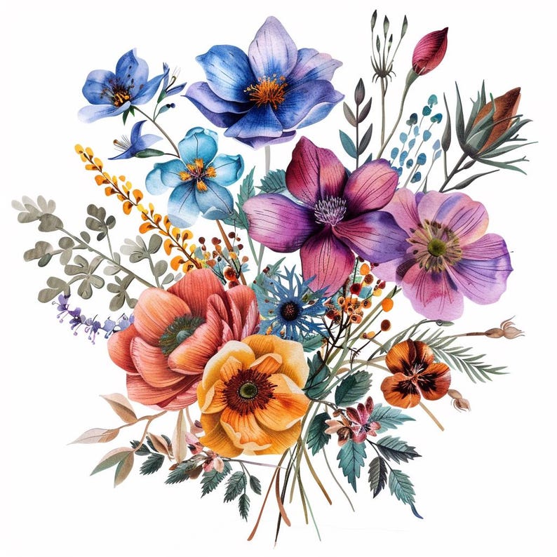 Floral Bouquet Clipart: Watercolor Summer Flowers (digital Download) - Etsy