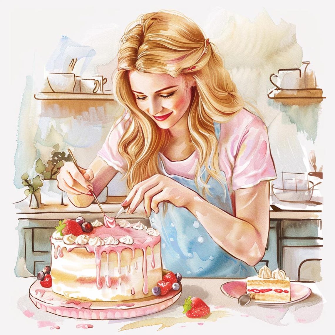 16 Woman Making a Cake Clipart, Watercolor Birthday Cake Clip Art ...