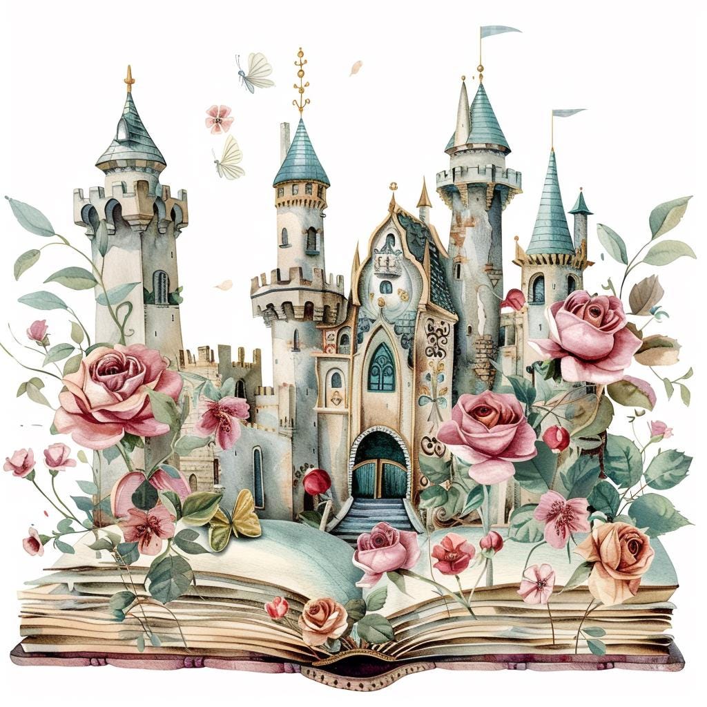 Watercolor Fairytale Castle Clipart: Floral Book Art (digital Download ...
