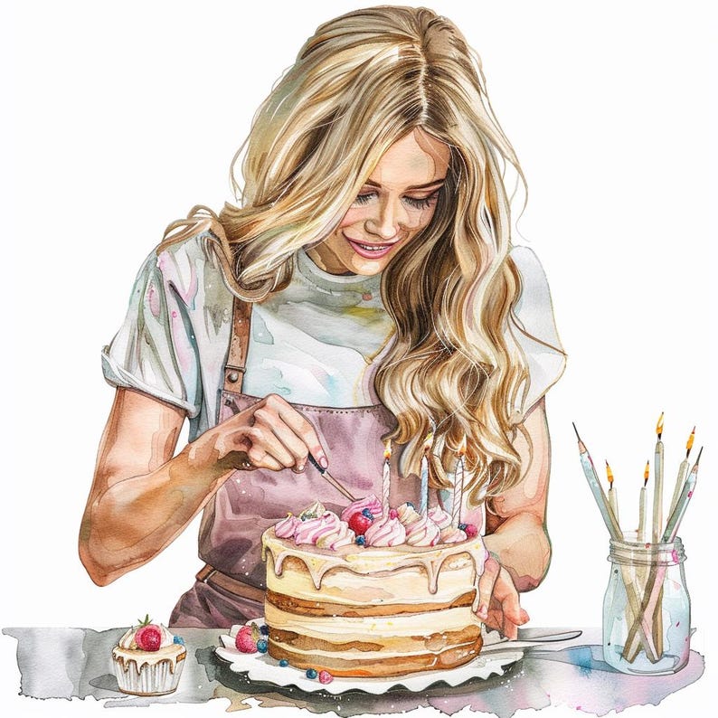 16 Woman Making a Cake Clipart, Watercolor Birthday Cake Clip Art ...