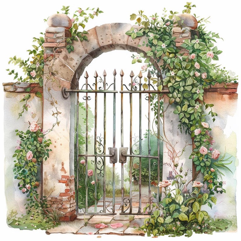 16 Floral Gate Clipart, Watercolor Floral Door Clip Art, Printable High ...