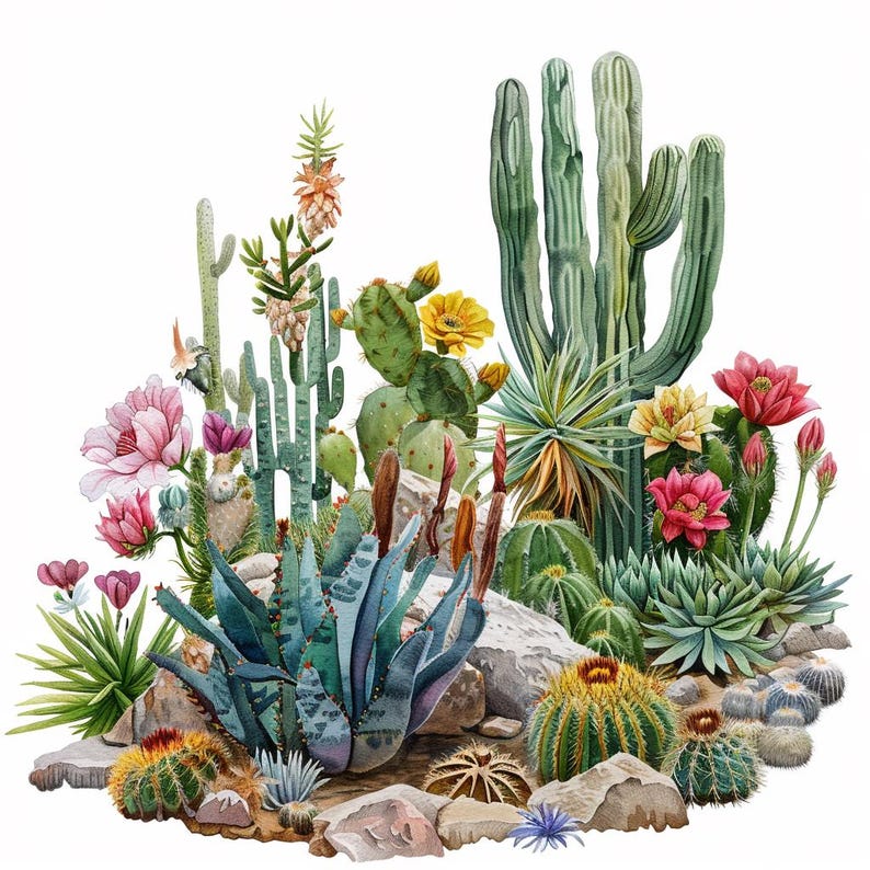20 Blooming Cactus Clipart, Watercolor Desert Flower Clip Art ...