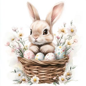 16 Bunny in Easter Basket Clipart, Watercolor Easter Egg Clip Art ...