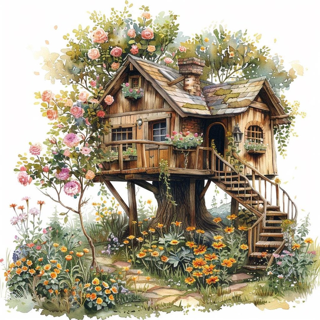 Watercolor Treehouse Clipart: Floral Fantasy Art (digital Download) - Etsy