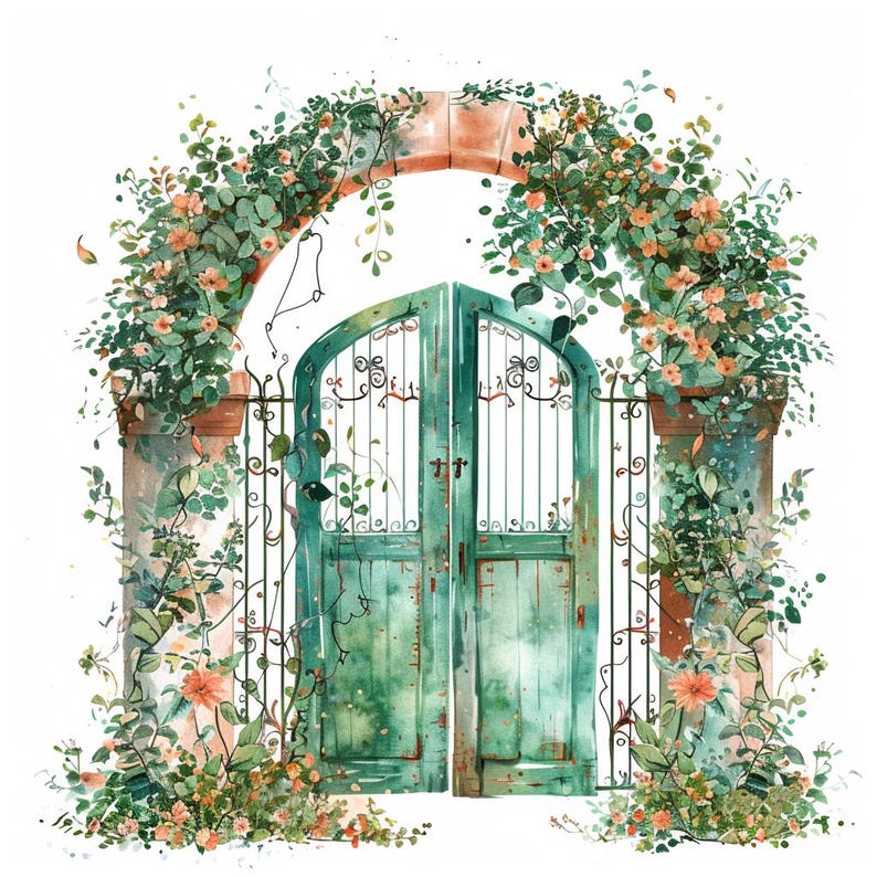 16 Floral Gate Clipart, Watercolor Floral Door Clip Art, Printable High ...