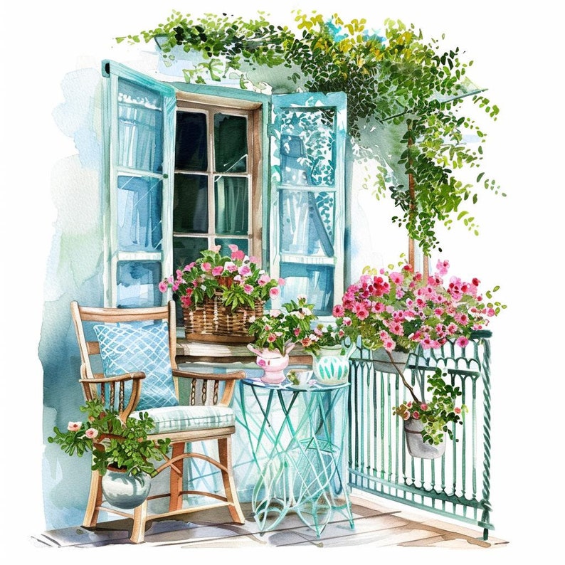 12 Romantic Balcony Clipart, Watercolor Floral Balcony Clip Art ...