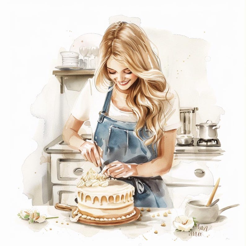 16 Woman Making a Cake Clipart, Watercolor Birthday Cake Clip Art ...