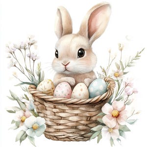 16 Bunny in Easter Basket Clipart, Watercolor Easter Egg Clip Art ...