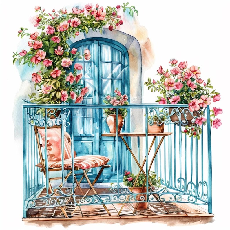 12 Romantic Balcony Clipart, Watercolor Floral Balcony Clip Art ...