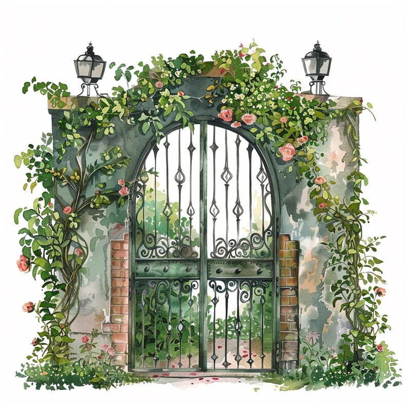 16 Floral Gate Clipart, Watercolor Floral Door Clip Art, Printable High ...