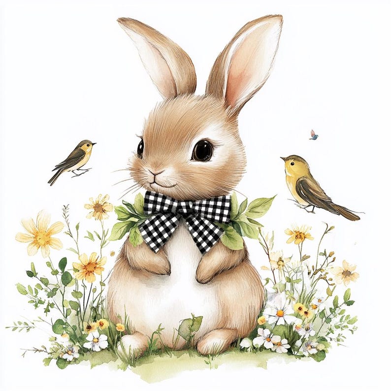 16 Elegant Easter Bunny Clipart, Watercolor Meadow Bunny Clip Art ...