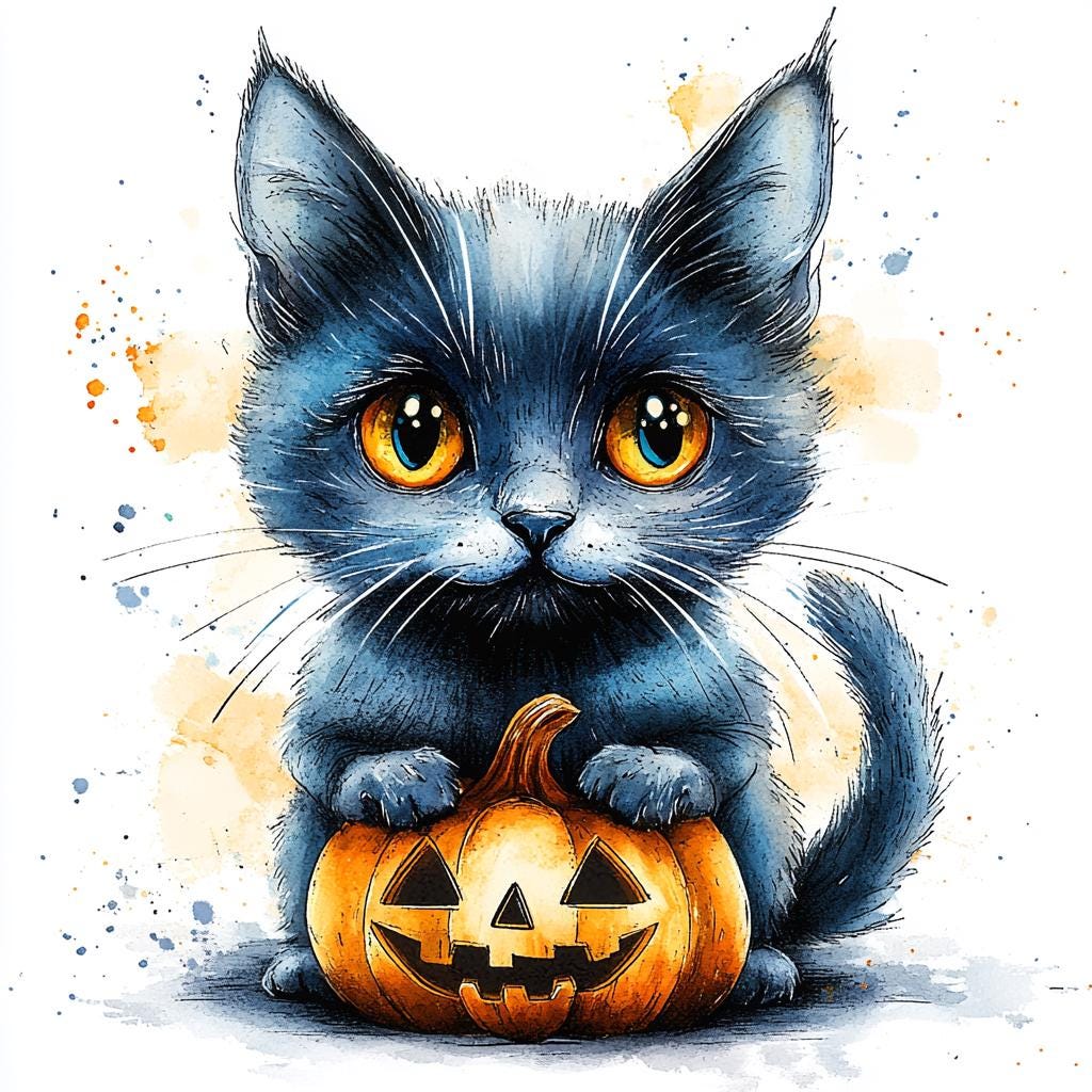 16 Halloween Kitten Clipart, Watercolor Pumpkin Cat Clip Art, Printable ...
