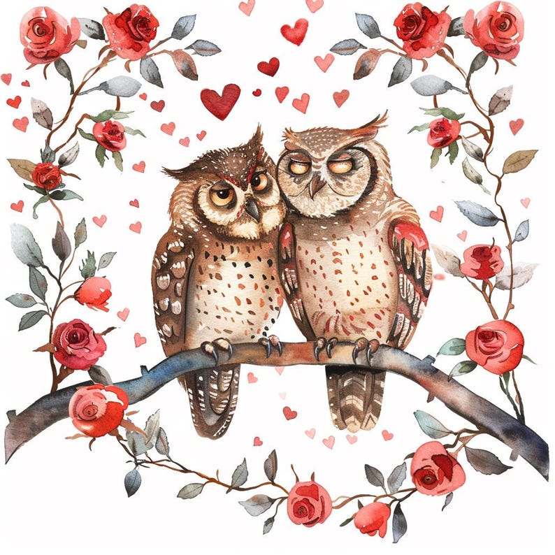 16 Owls in Love Clipart, Watercolor Bird Rose Clip Art, Printable High ...